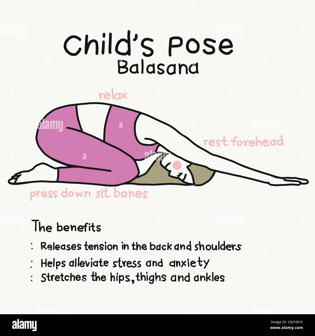Child's pose yoga pose and benefits cartoon vector illustration Stock ...