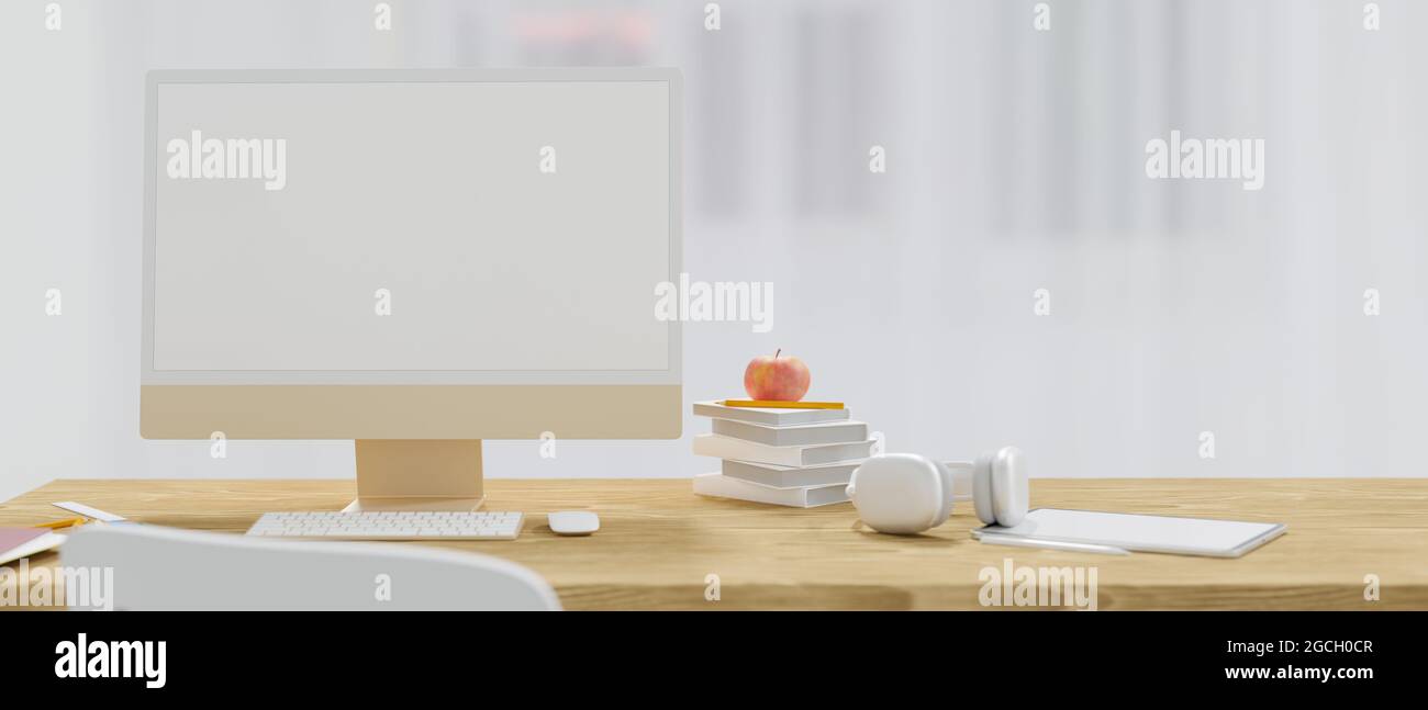 Minimal woody workspace style, desktop computer mockup with headphone ...