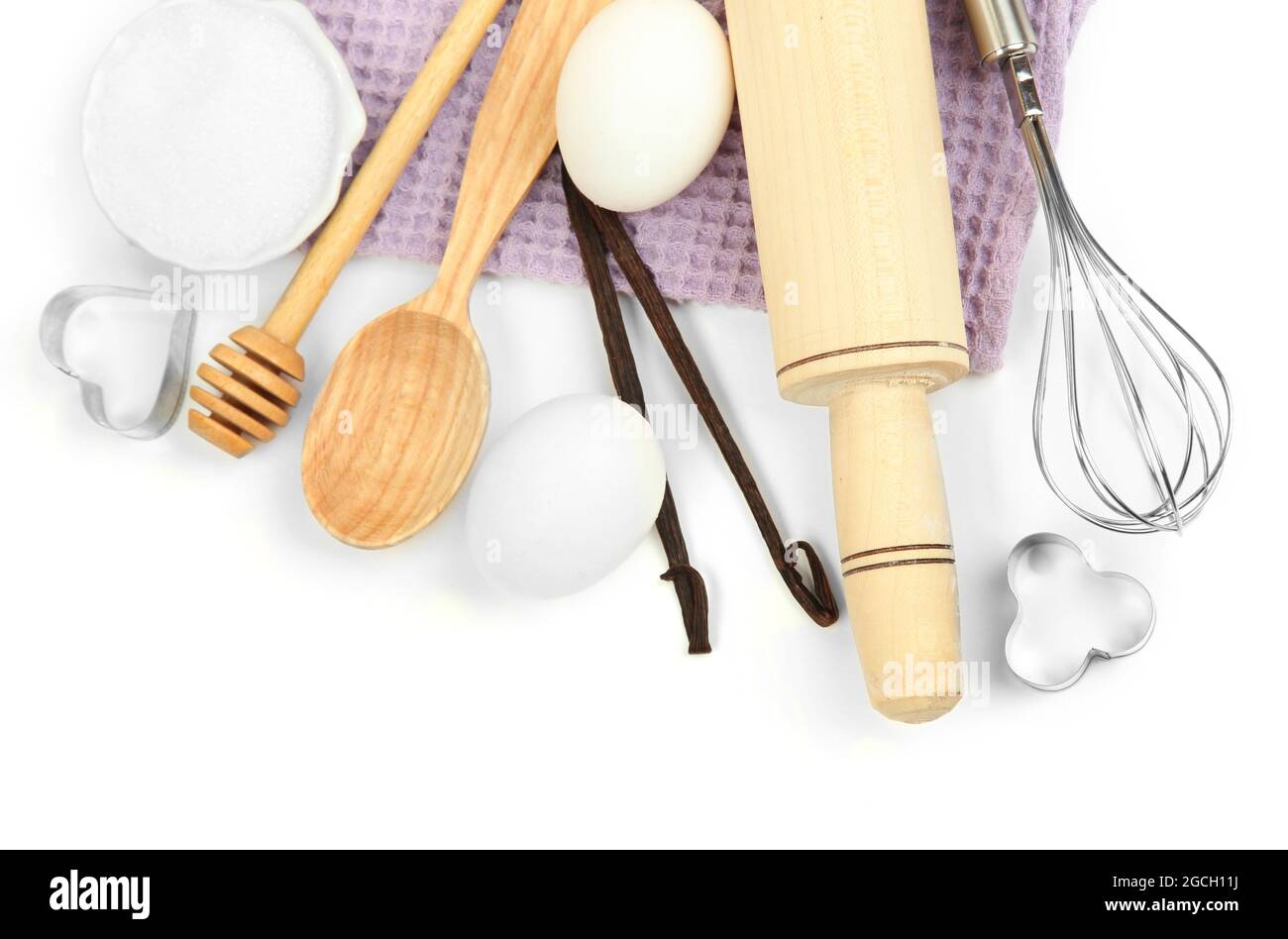 Cooking concept. Basic baking ingredients and kitchen tools isolated on ...
