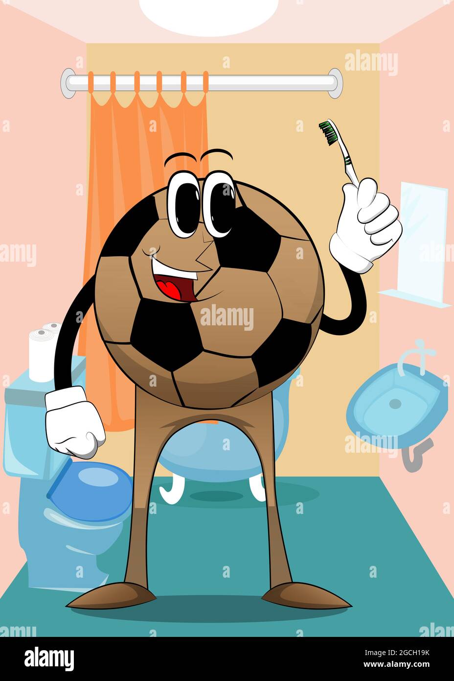 Soccer ball holding toothbrush. Traditional football ball as a cartoon ...
