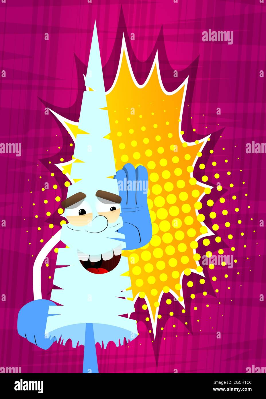 Cartoon winter pine trees with faces holds hand at his ear, listening ...