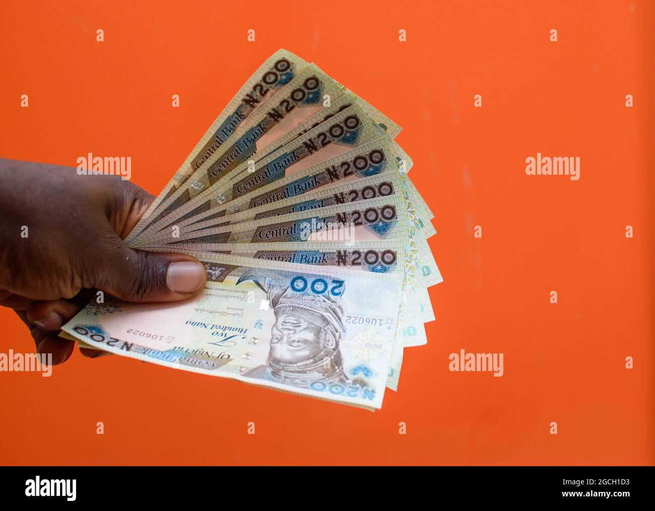 An African hand holding set of spread multiple naira notes, cash or ...
