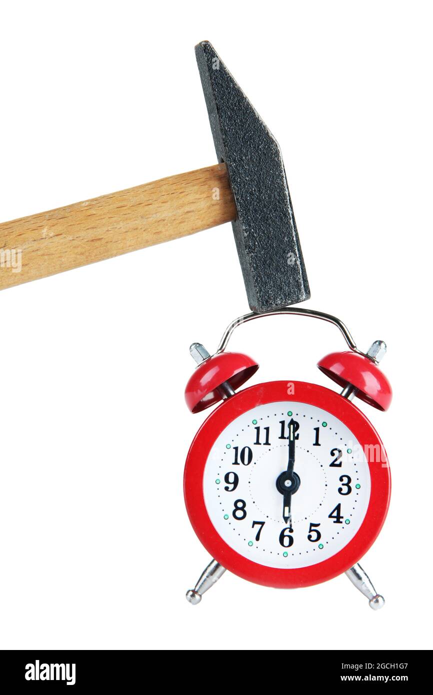 Hammer and alarm clock isolated on white Stock Photo - Alamy