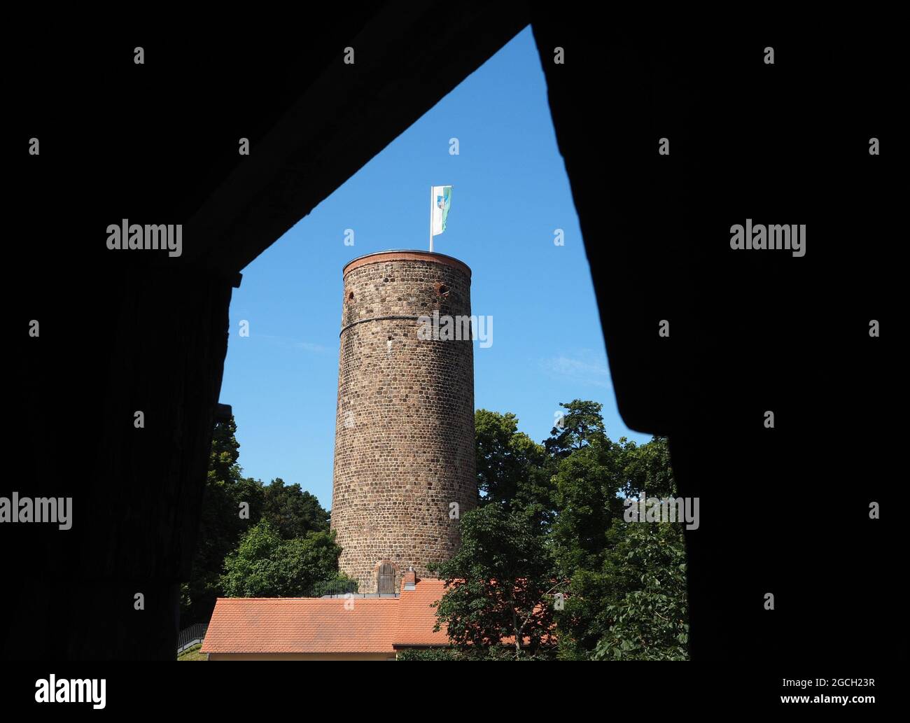 26 July 2021, Brandenburg, Bad Belzig: The tower of Eisenhardt Castle ...