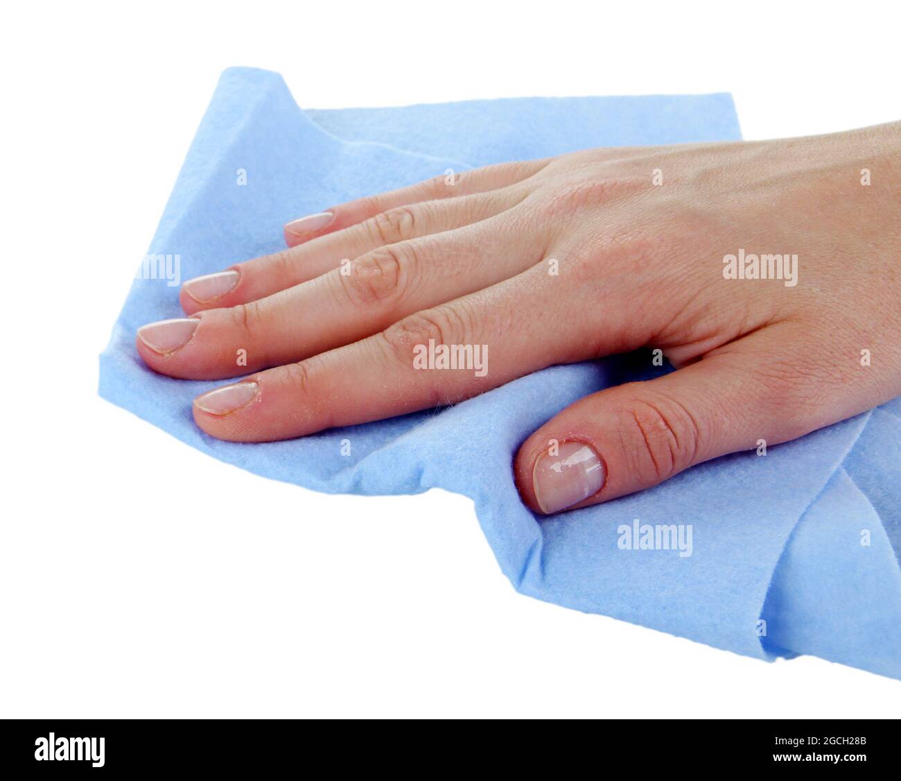 Hand wiping surface with blue rag isolated on white Stock Photo - Alamy