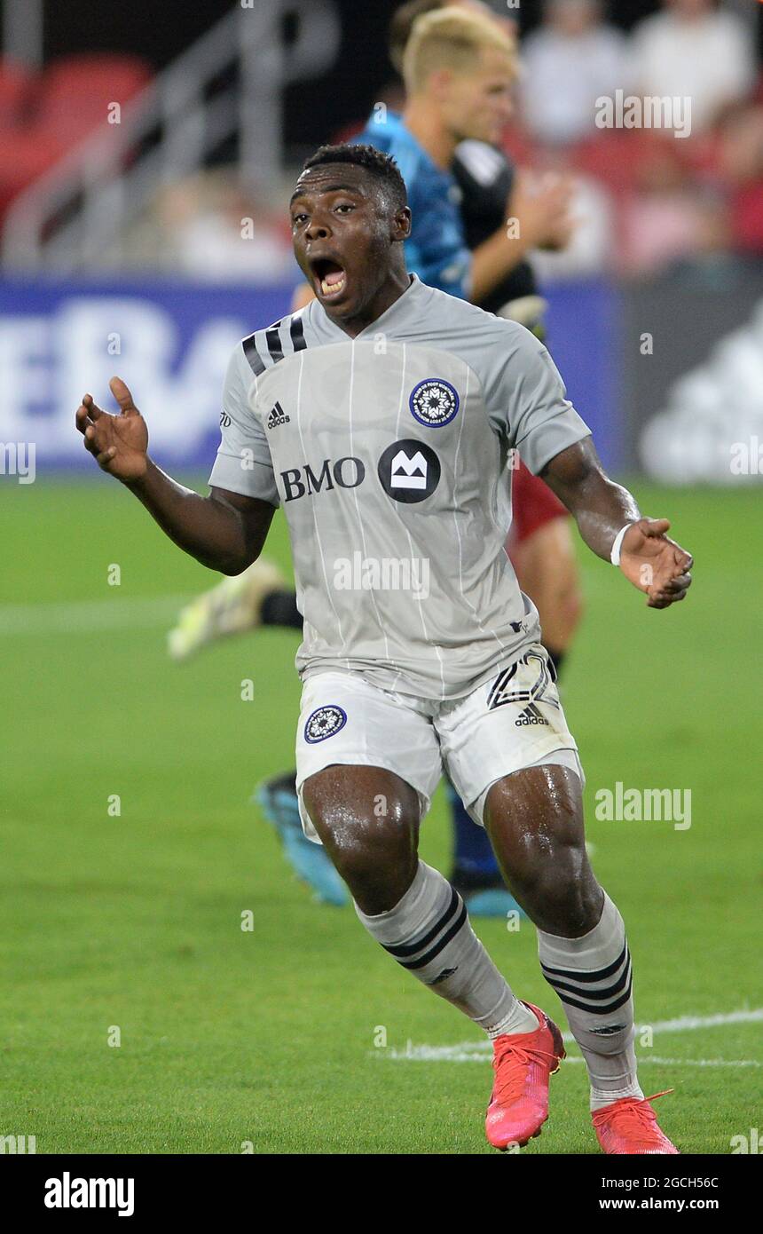 Washington, USA. 08th Aug, 2021. CF Montreal forward Sunusi Ibrahim (22) reacts after missing an ...