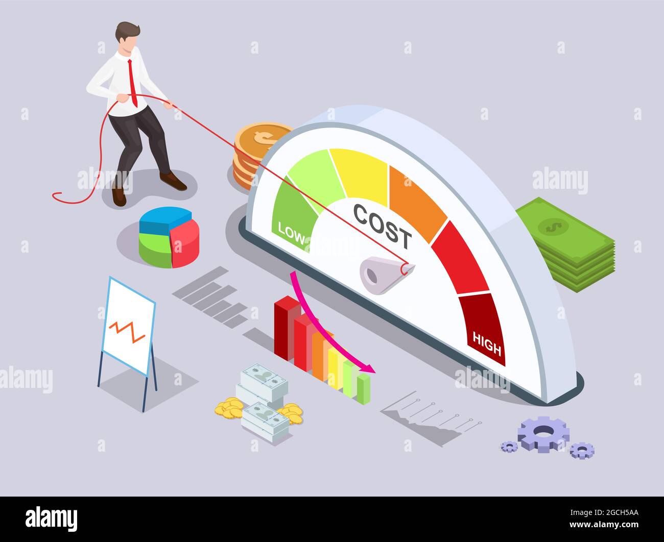Businessman turning quality meter arrow back with rope, vector ...