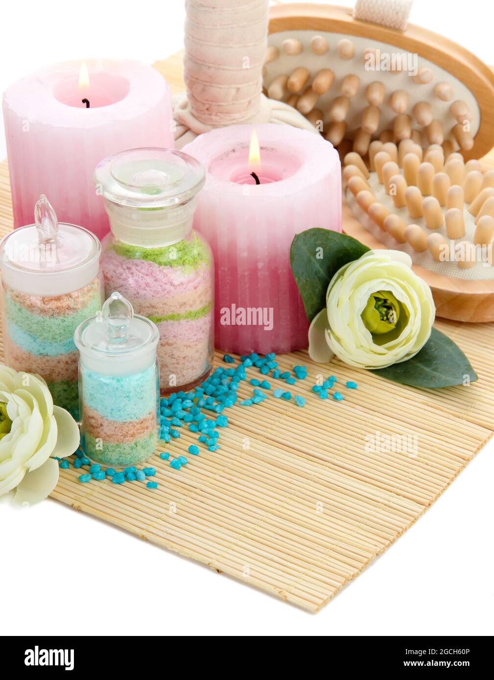 Aromatic salts in glass bottles and herbal compress balls for spa ...