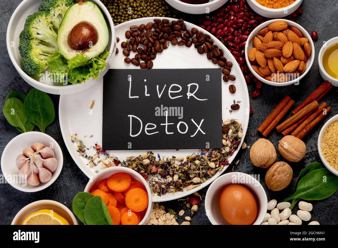 Best products for healthy liver on dark gray background. Clean eating ...