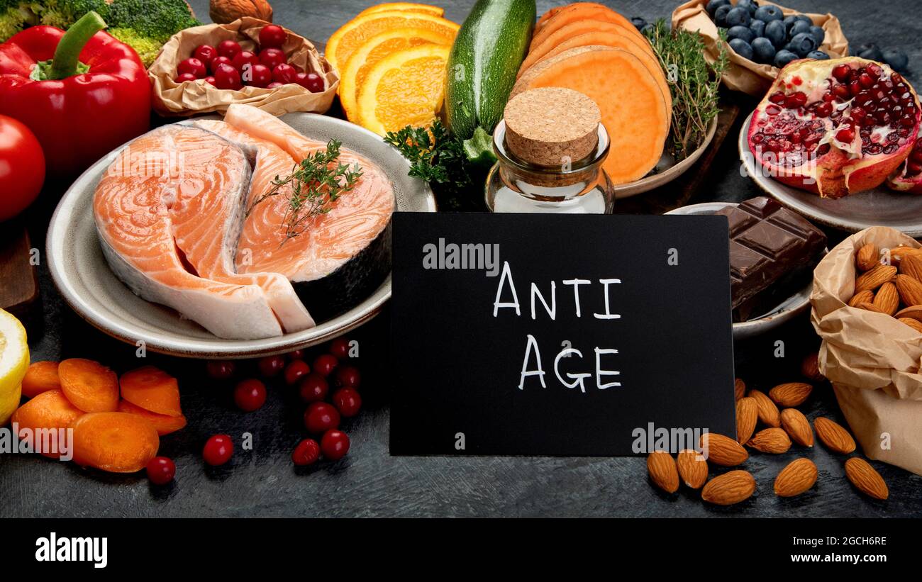 Anti aging menu on dark gray background. High in antioxidants, minerals ...