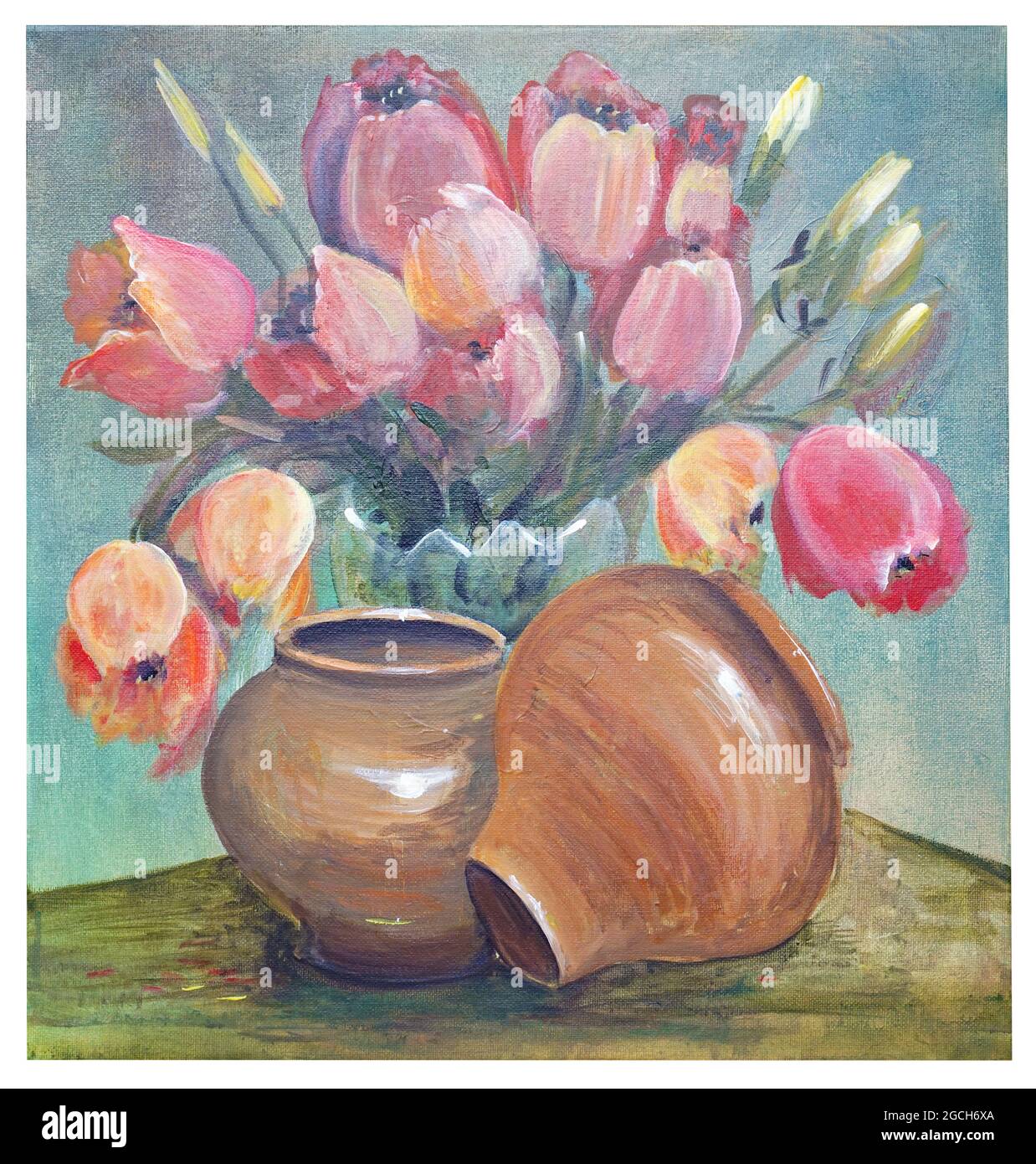 Spring still life with tulips and clay pots painted with acrylic paints ...