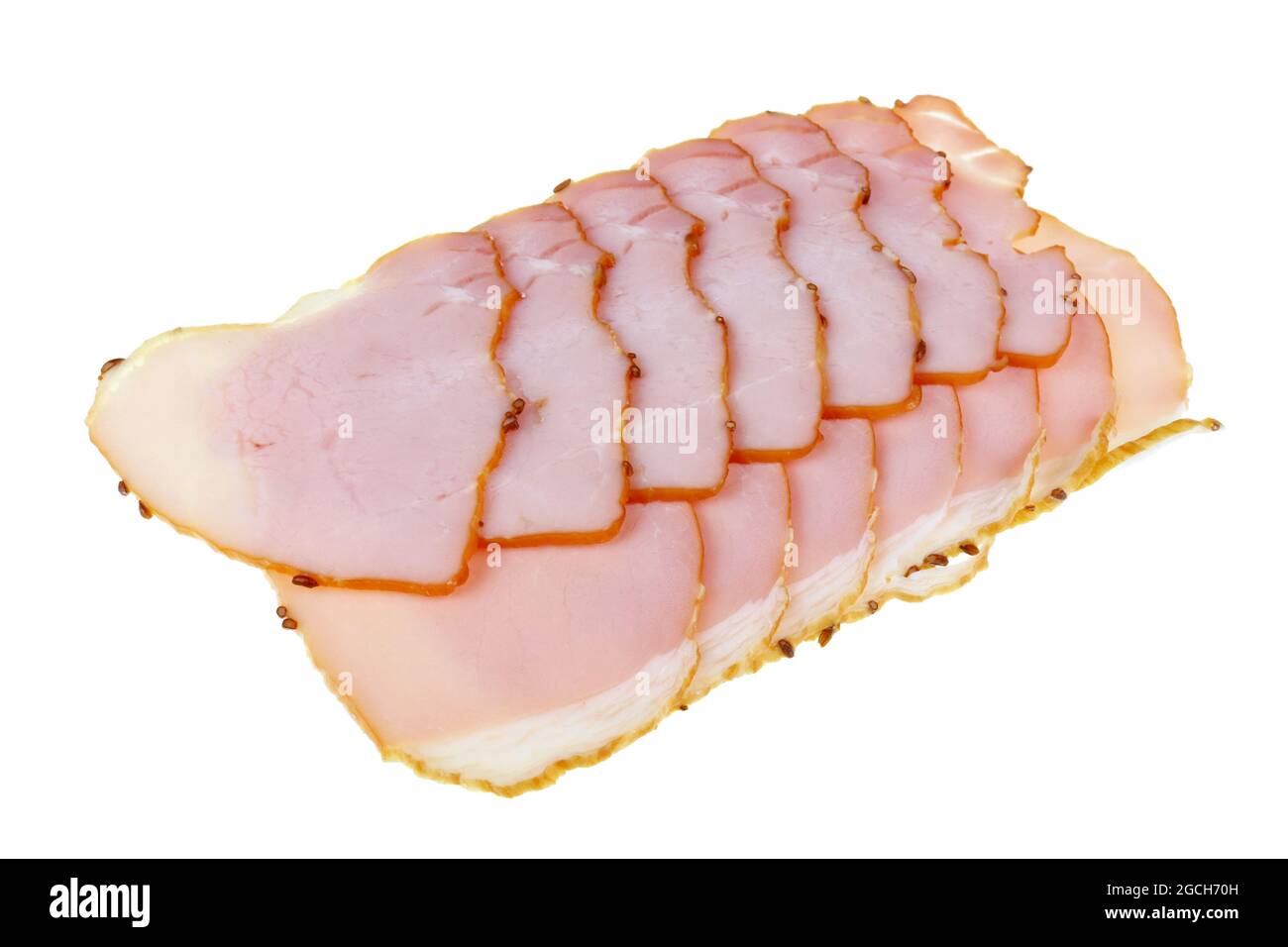 One hundred grams slices of pink smoked ham. Iisolated on white macro ...