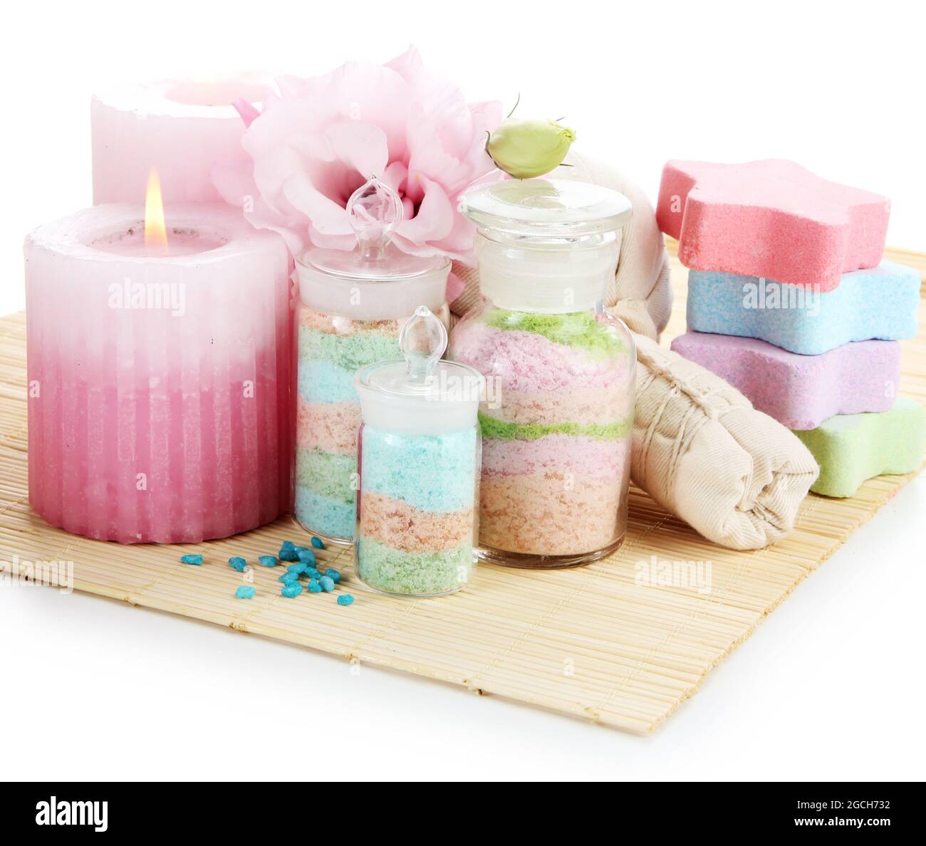 Aromatic salts in glass bottles and herbal compress balls for spa ...