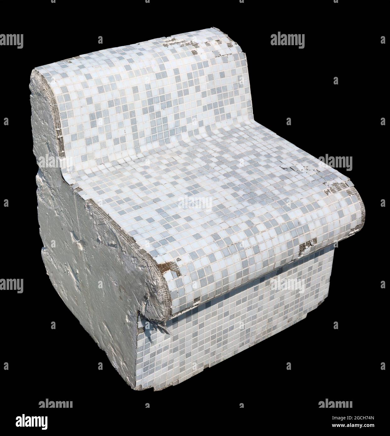 Homemade lounge chair made of concrete and decorative ceramic tiles ...