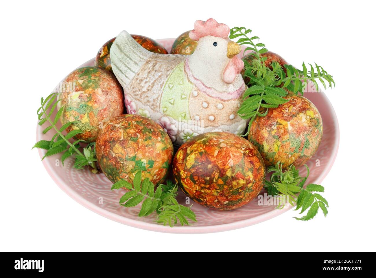 Easter handmade painted eggs and clay chicken . Isolated on white Stock ...