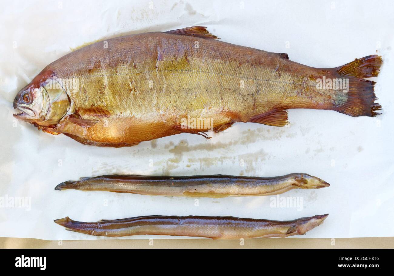 Smoked trout and eels lie on white paper Stock Photo - Alamy