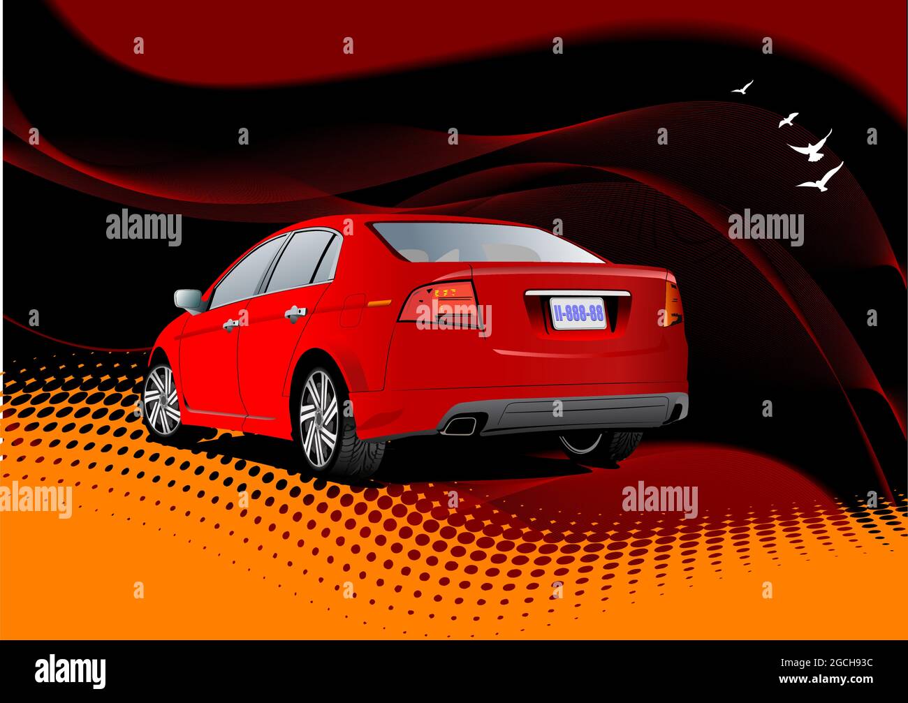 Abstract wave background with red car sedan image. Vector 3d ...