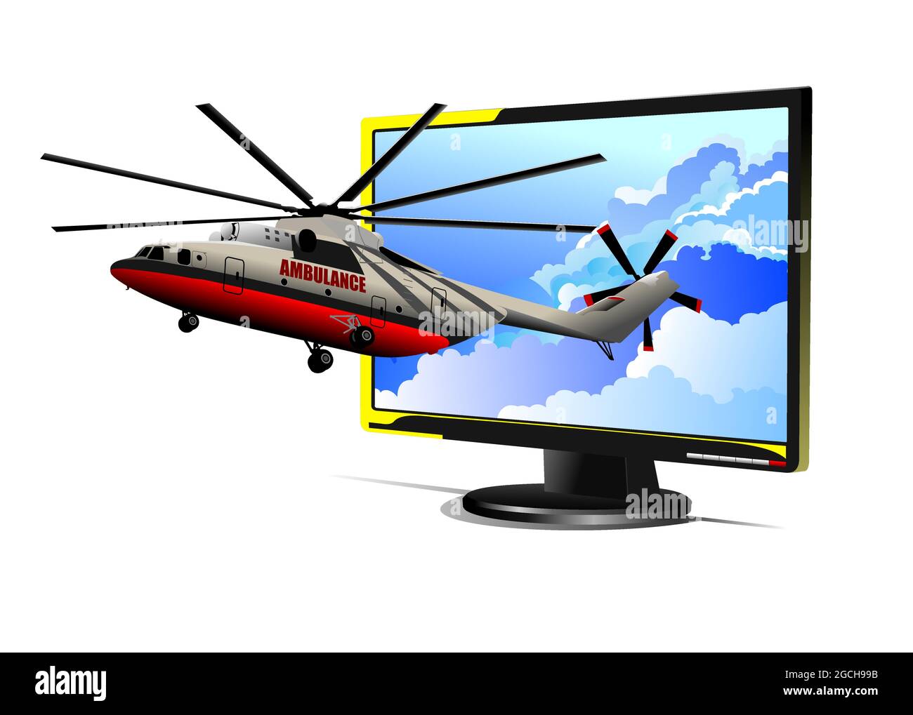 Abstract Flat computer monitor with ambulance helicopter. Display. 3d ...