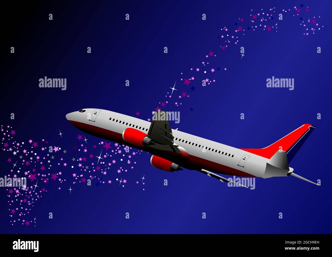 Airplane in air on abstract stars sky. Vector 3d illustration for ...