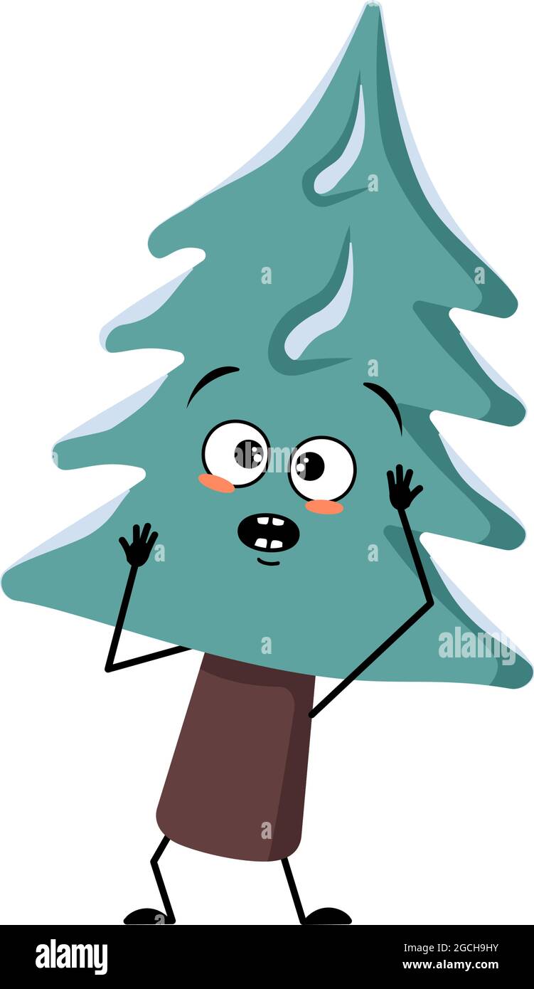 Cute Christmas tree with emotions in a panic grabs his head, surprised ...