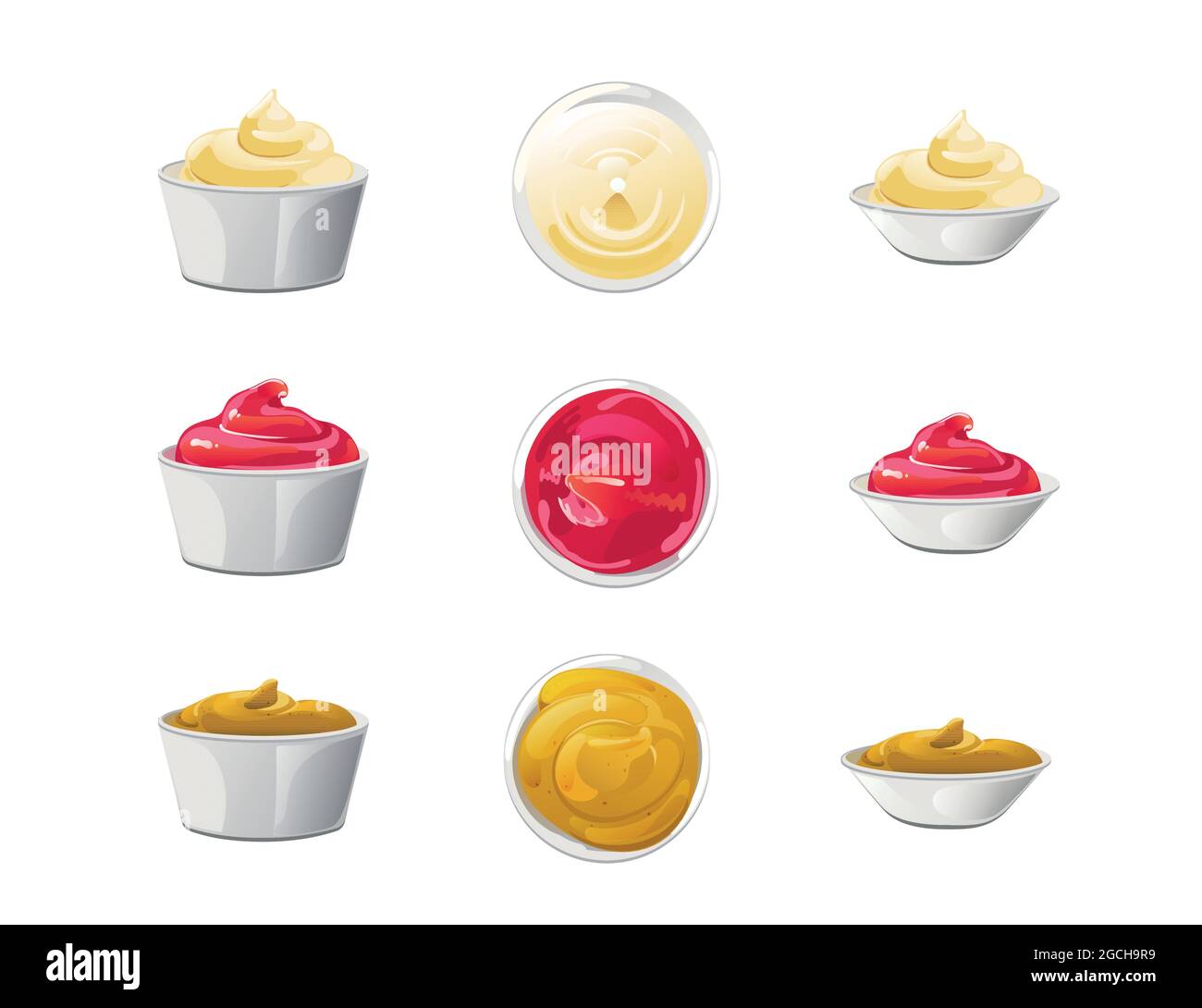 Ketchup, mayonnaise, mustard sauces set. Sauces in ceramic bowls ...