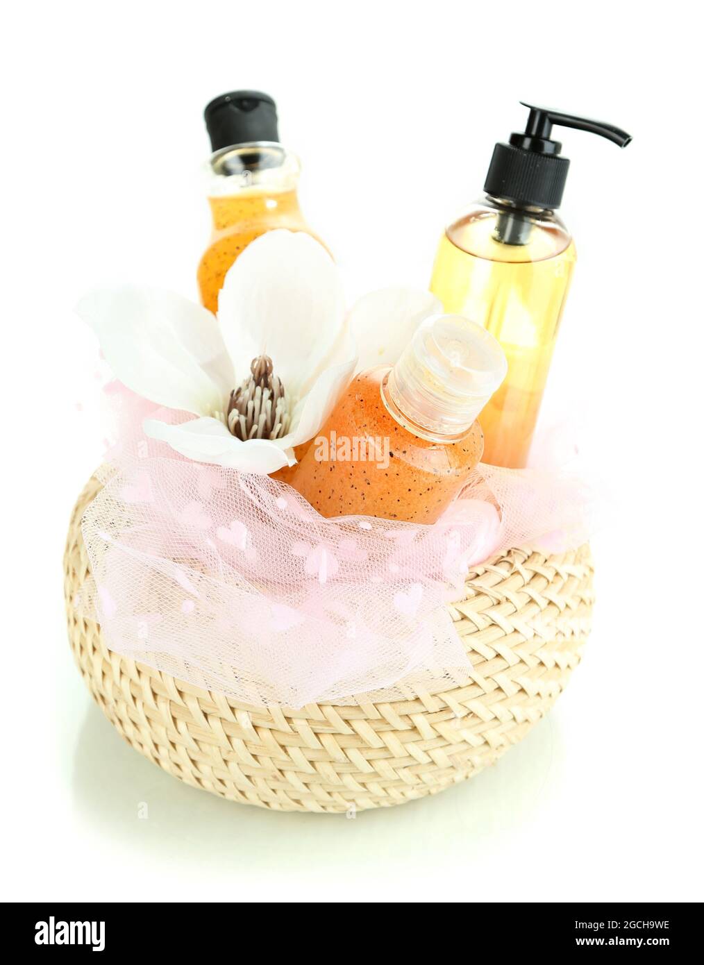 Gift basket with cosmetics isolated on white Stock Photo - Alamy
