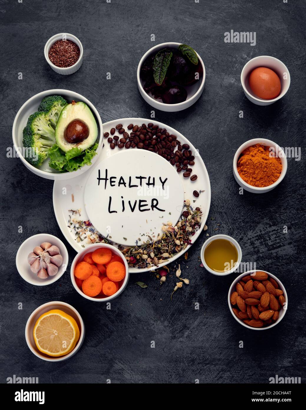 Best products for healthy liver on dark gray background. Clean eating ...