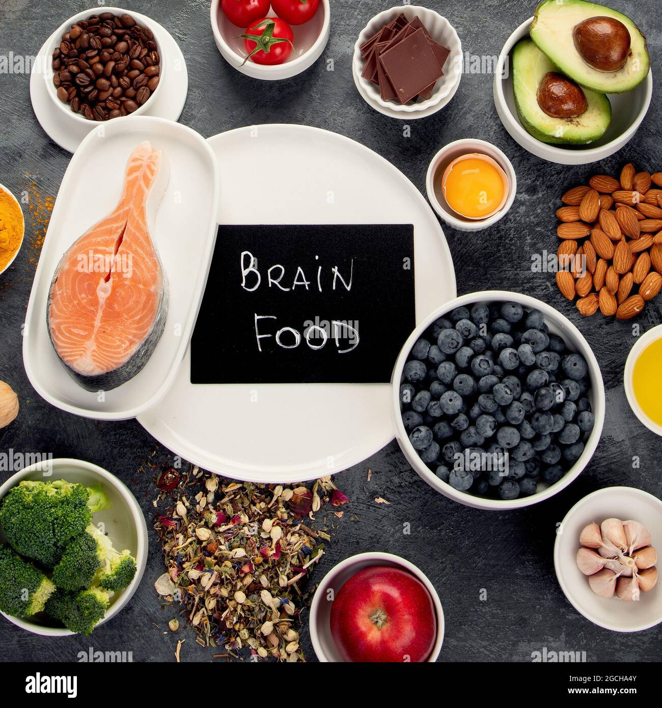 Best products for brains on dark gray background. Clean eating concept ...