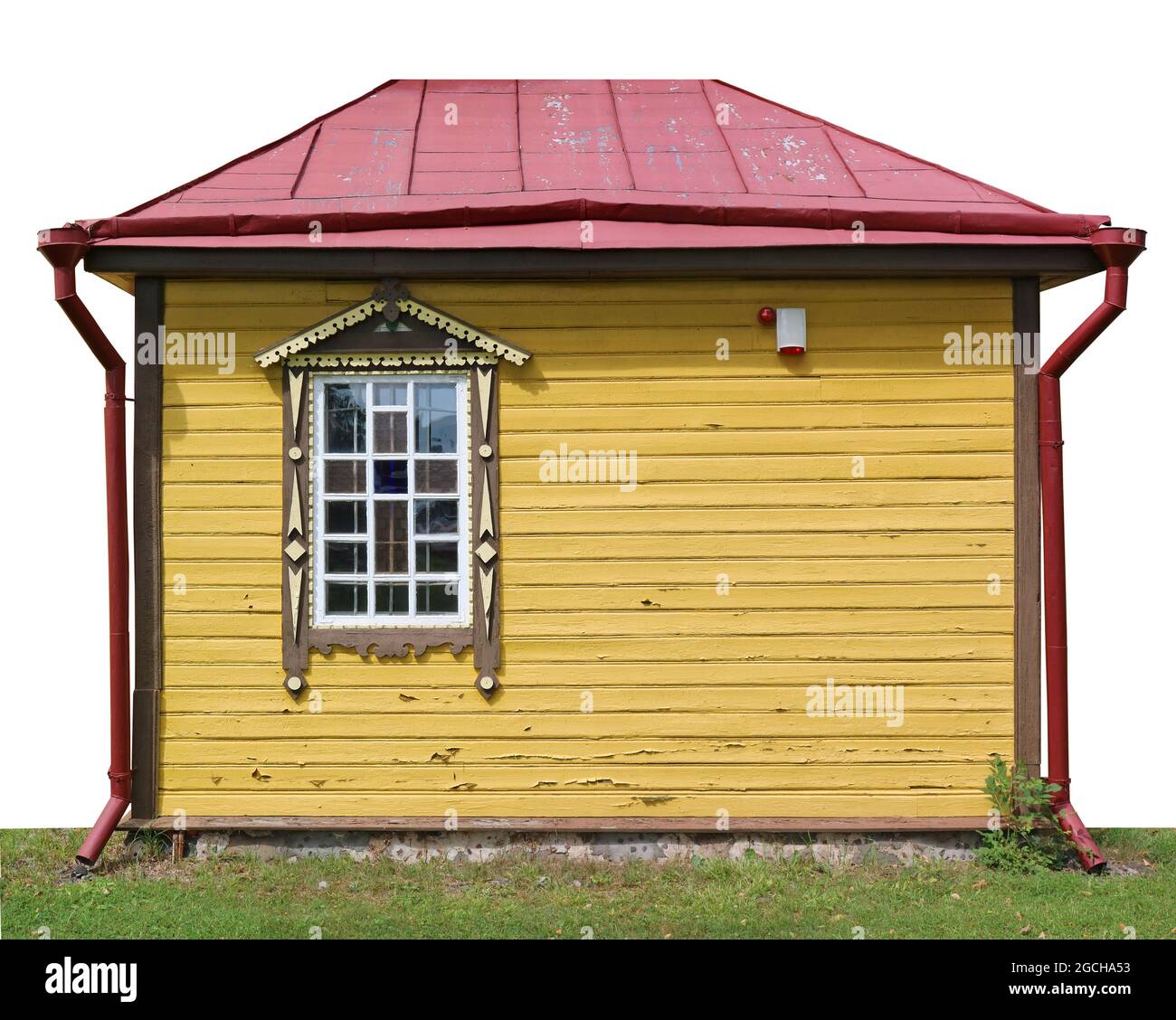 Aged handmade village shed wall are made from yellow planks. Isolated ...