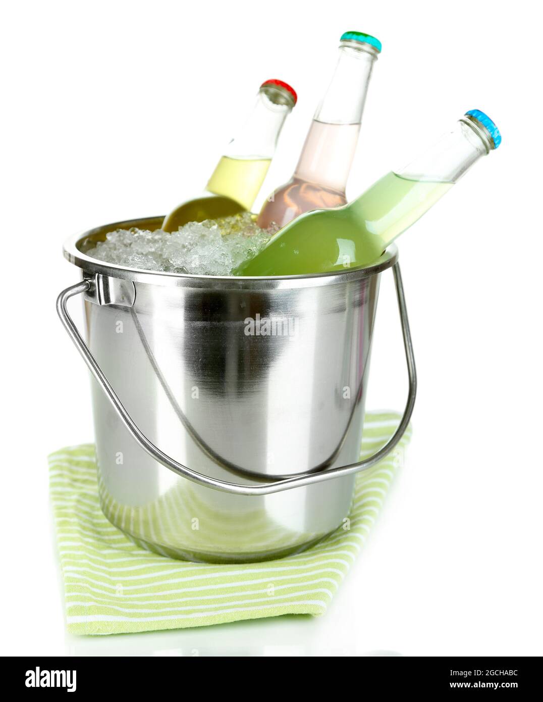 Bottled drinks in ice bucket isolated on white Stock Photo - Alamy