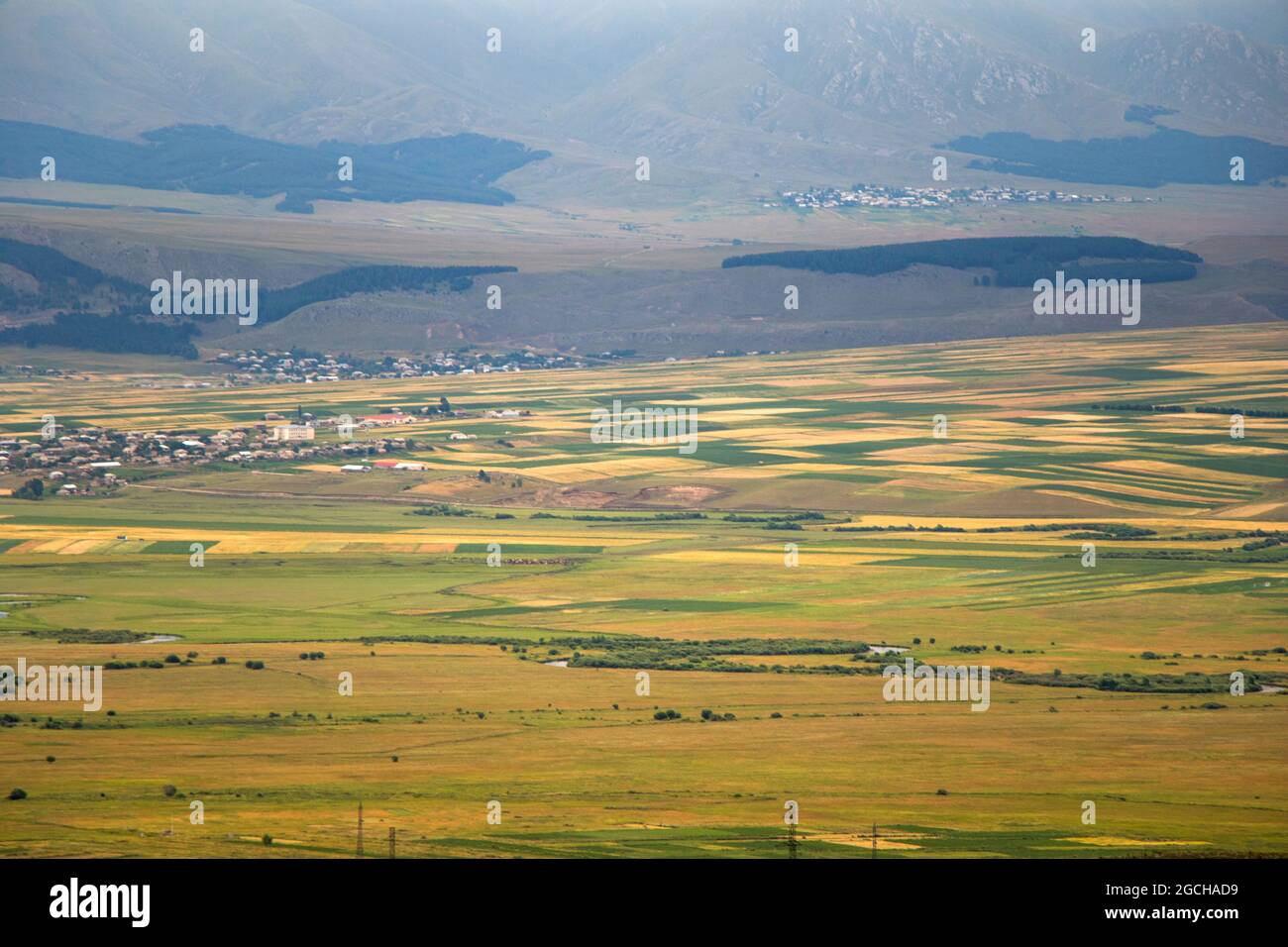 View and landscape of the village and fields in Georgia, colorful farms ...
