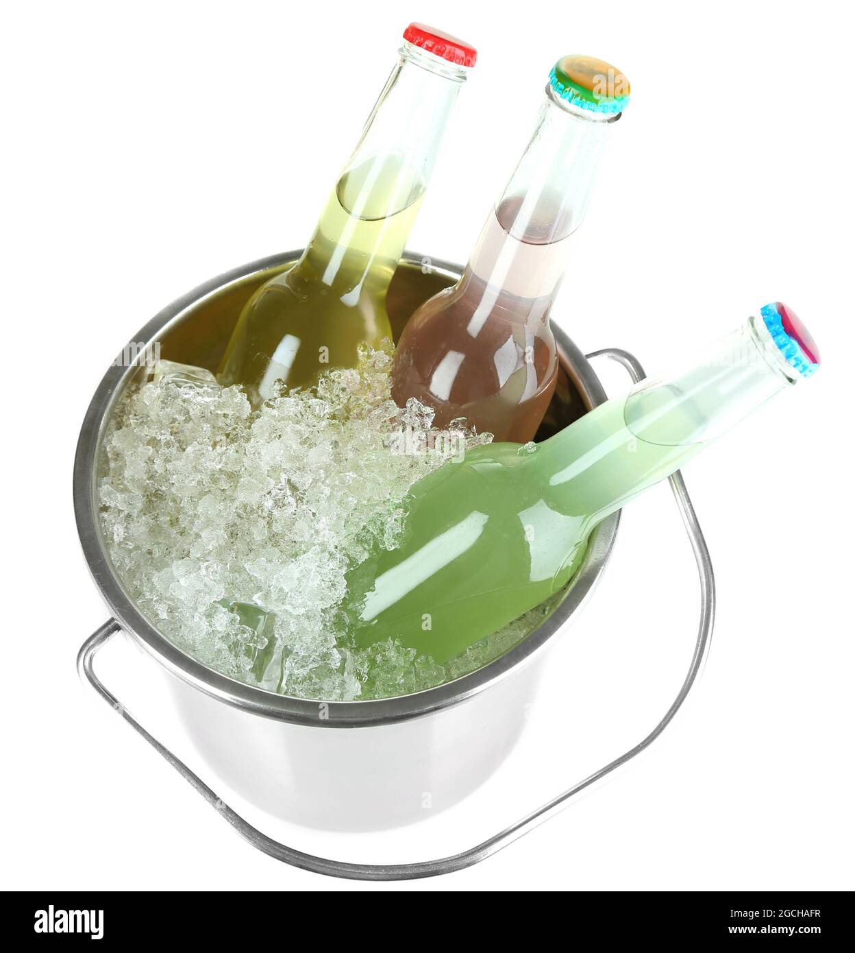 Bottled drinks in ice bucket isolated on white Stock Photo - Alamy
