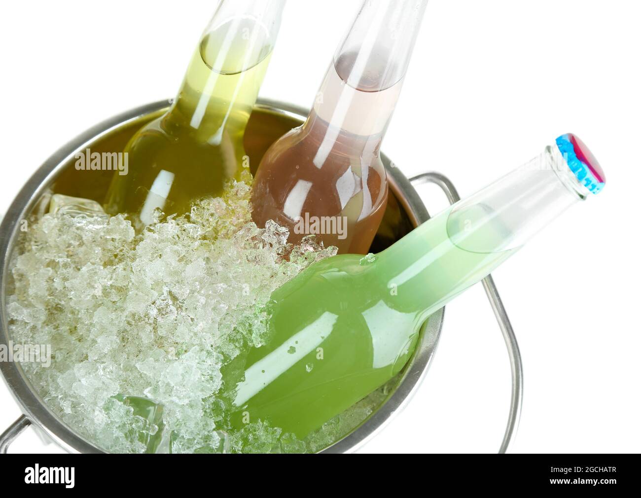 Bottled drinks in ice bucket isolated on white Stock Photo - Alamy
