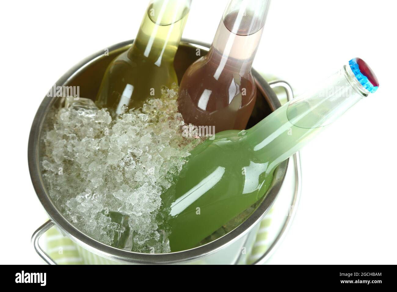 Bottled drinks in ice bucket isolated on white Stock Photo - Alamy