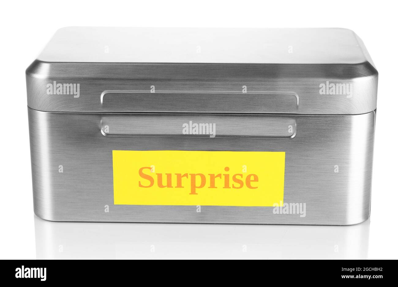 Silvery box with surprise isolated on white Stock Photo - Alamy