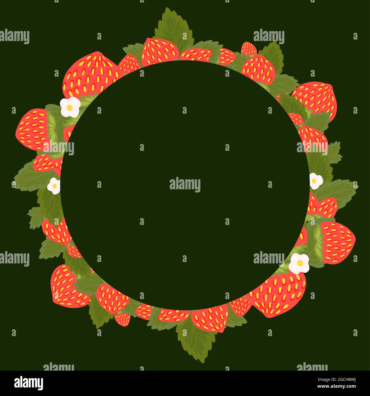 Round frame with strawberries, foliage, flowers and place for text on ...