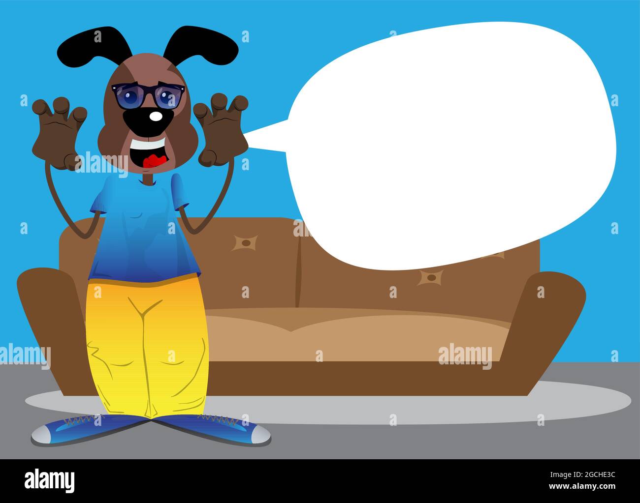 Funny cartoon dog is trying to scare you. Vector illustration. Playing ...