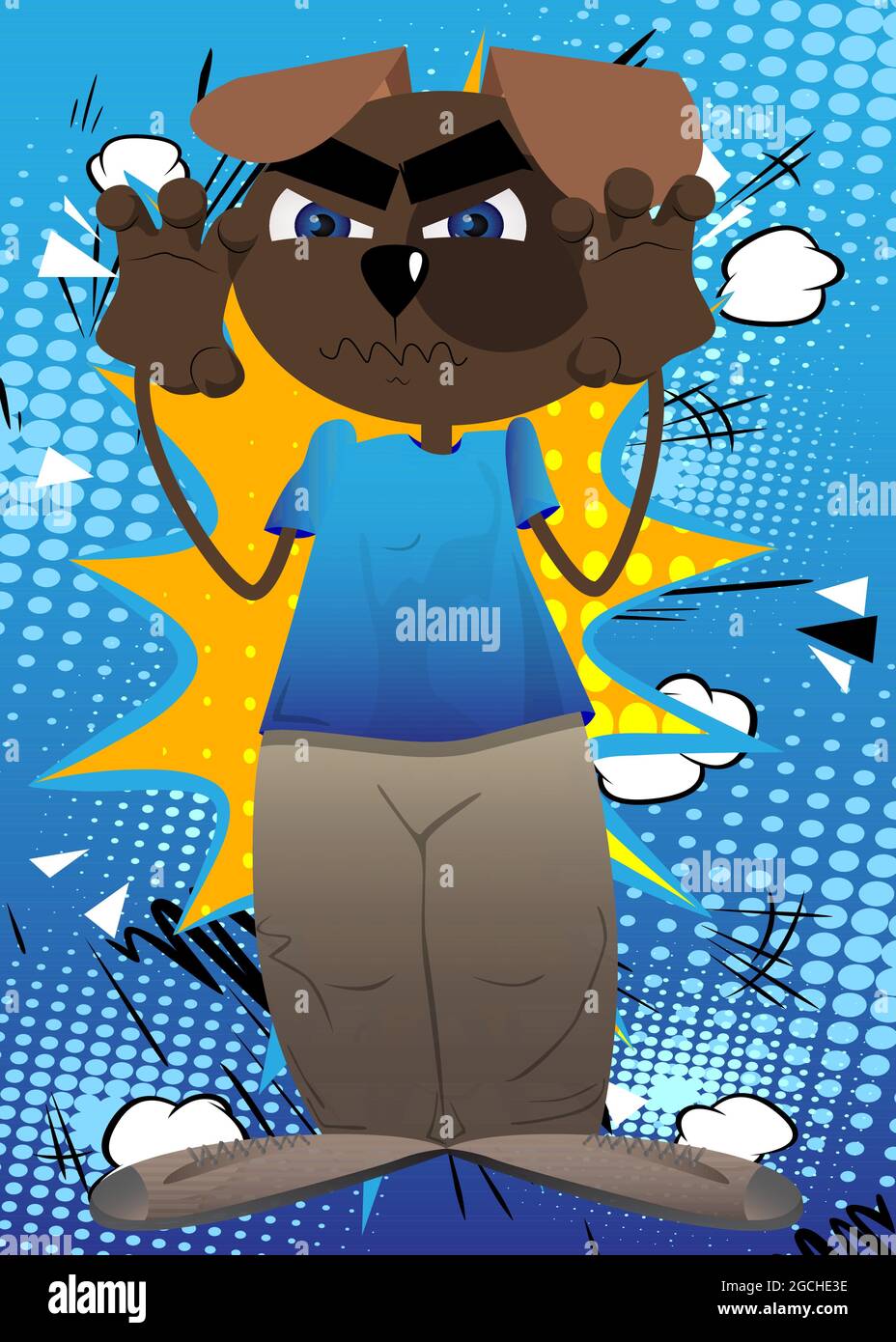 Funny cartoon dog is trying to scare you. Vector illustration. Playing ...