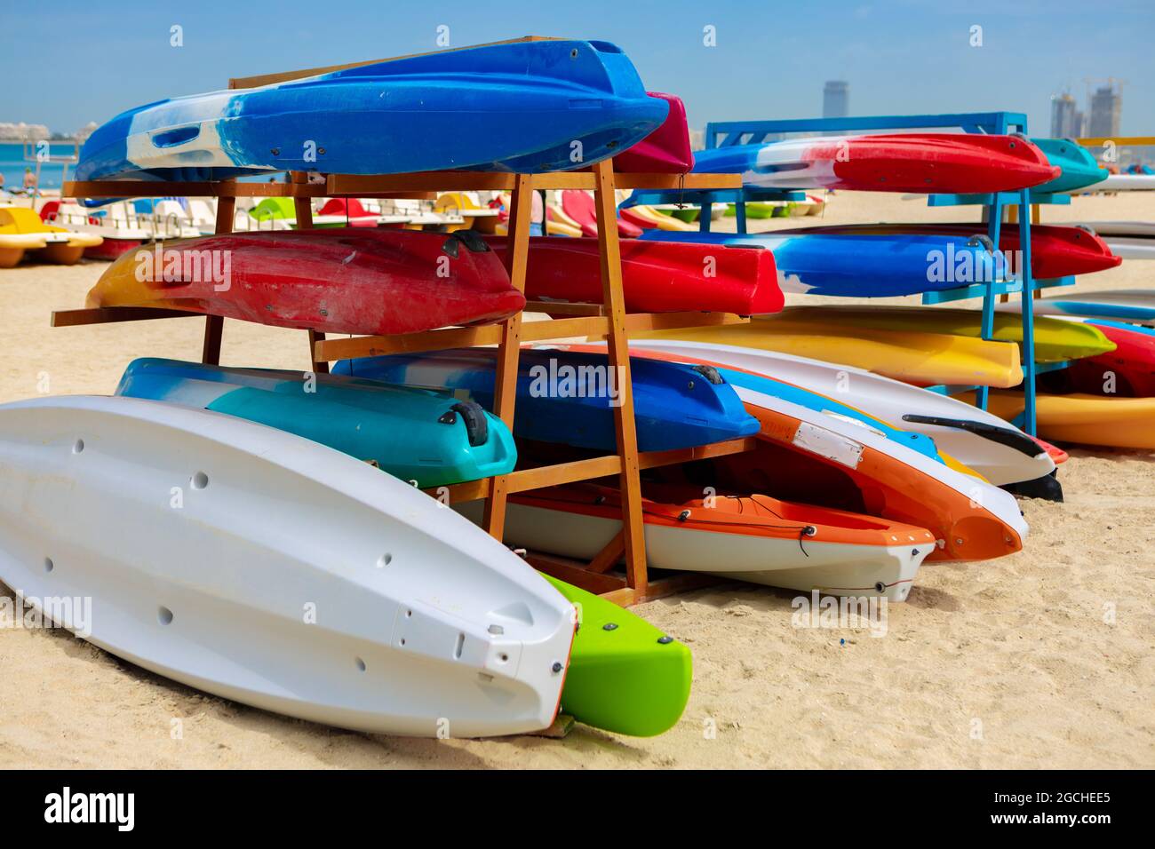Surfboards stacked on the rack on a beach Stock Photo - Alamy