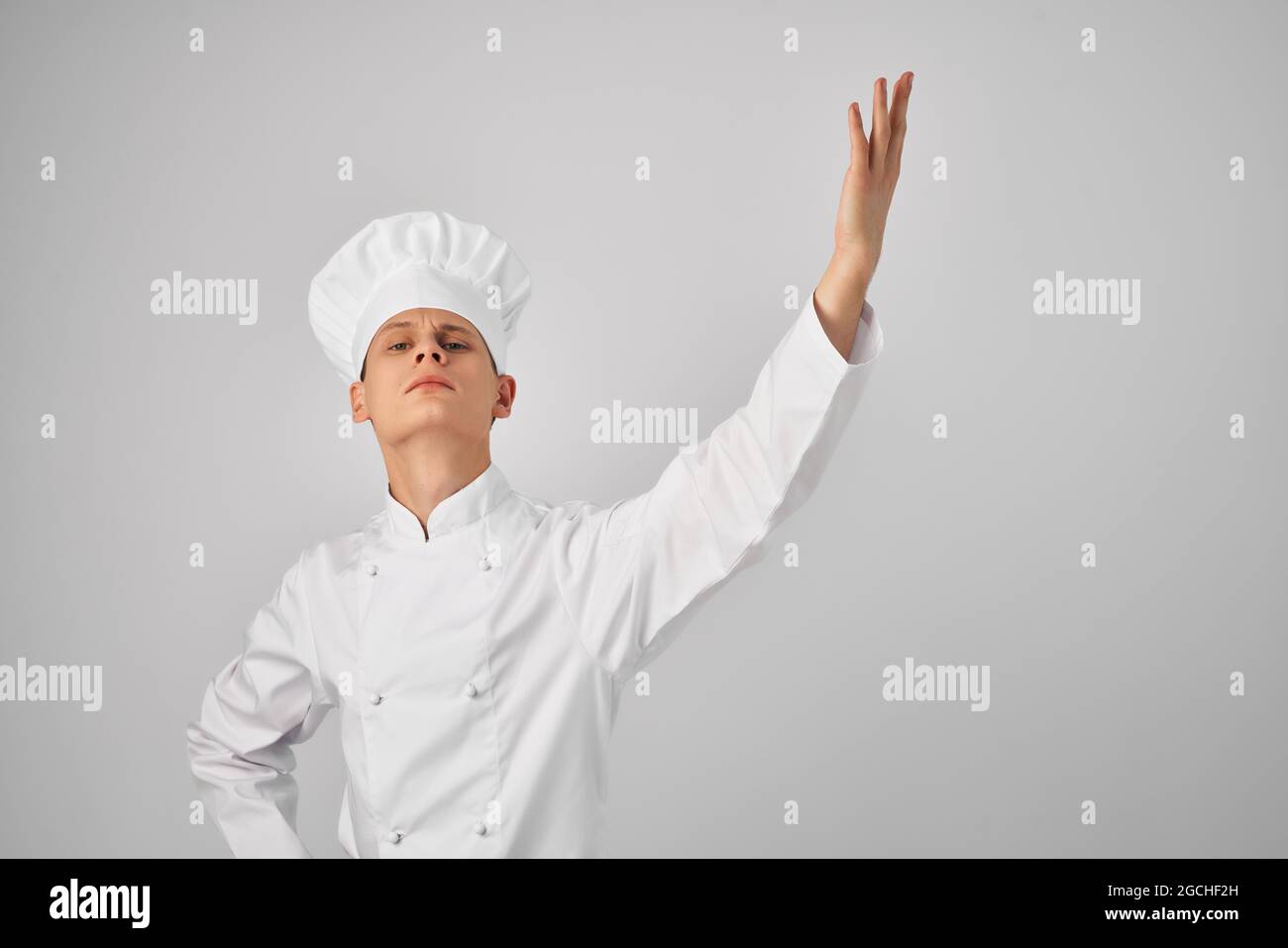 male chef gesturing with hand emotion professional gourmet restaurant ...
