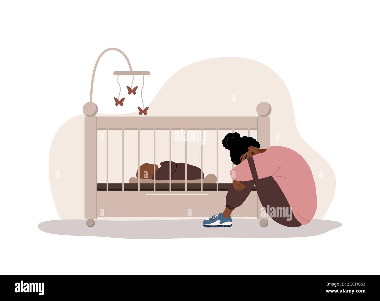 Postpartum depression. African tired woman sitting on the floor, crying ...