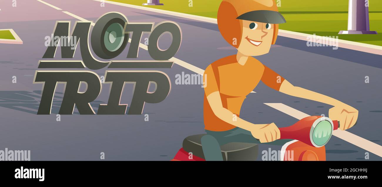 Man riding bike, moto trip cartoon vector banner Stock Vector Image ...