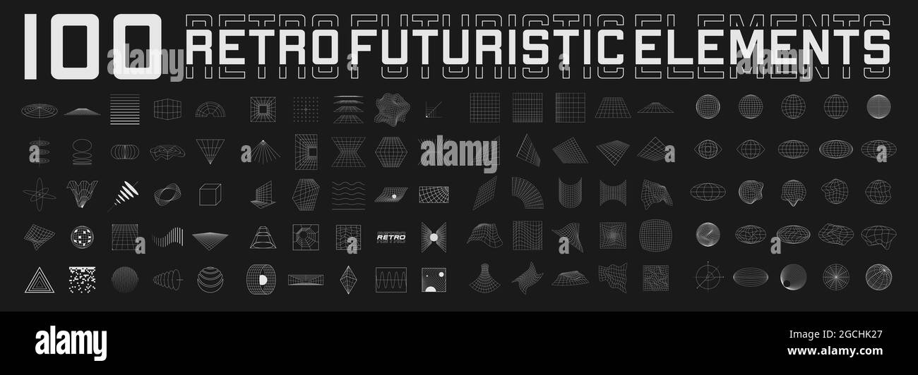 Set of retrofuturistic design elements. Perspective grids, tunnels, RETRO title, polar grid ...