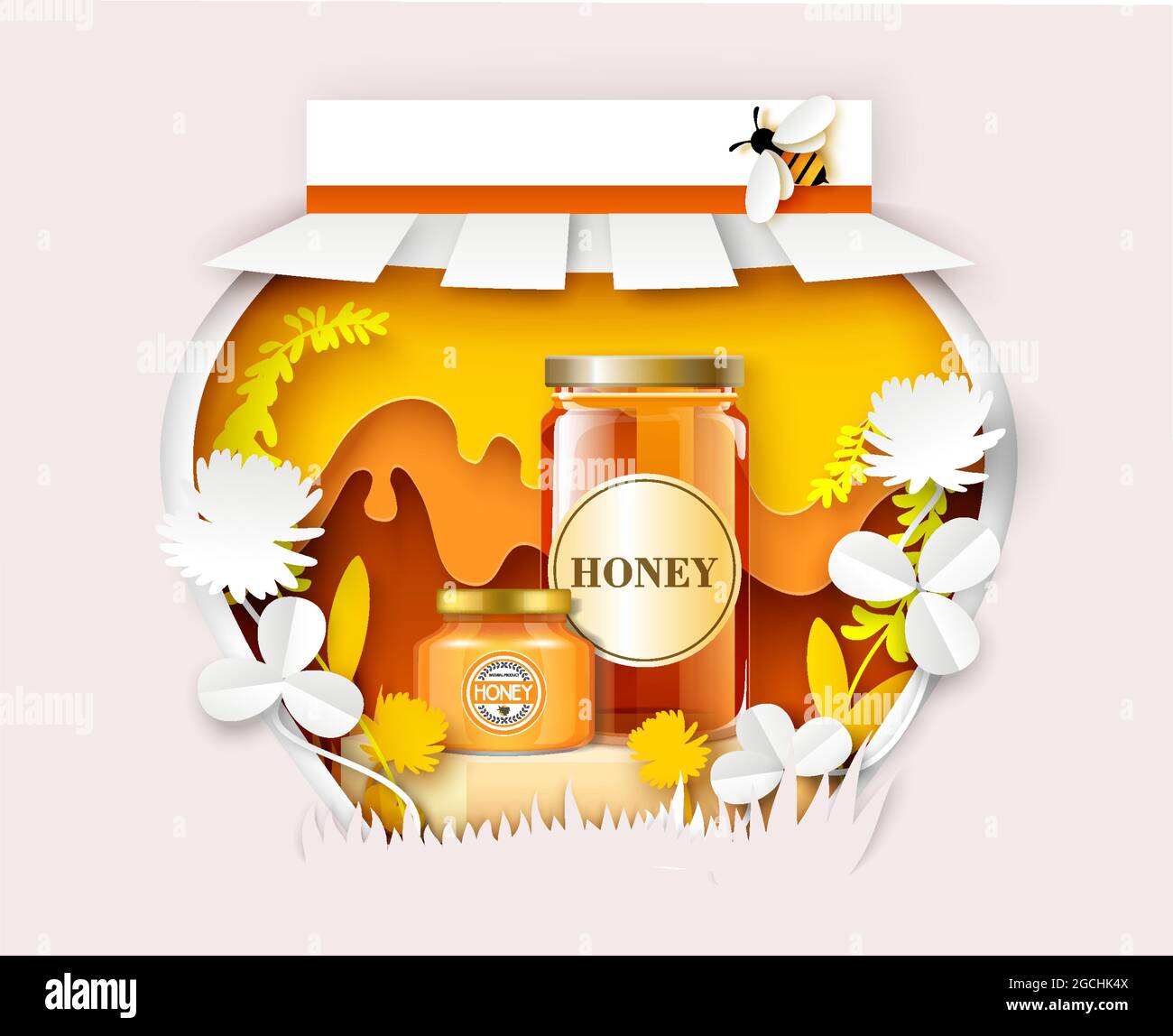 Honey glass jar mockups on podium in paper cut honey pot. Natural sweet ...