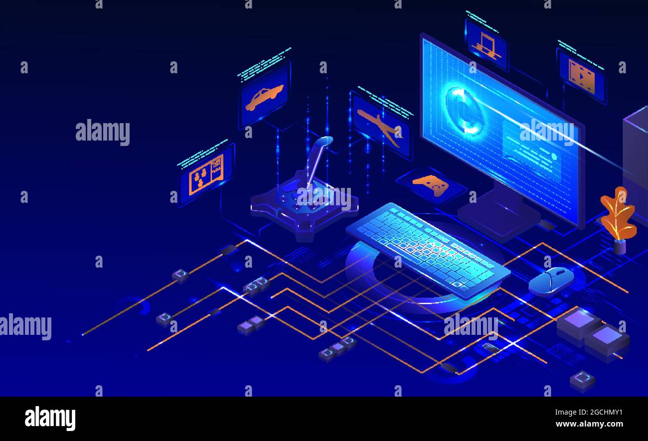 Computer gaming set. Isometric desktop computer monitor, keyboard ... Computer gaming set. Isometric desktop computer monitor, keyboard ...