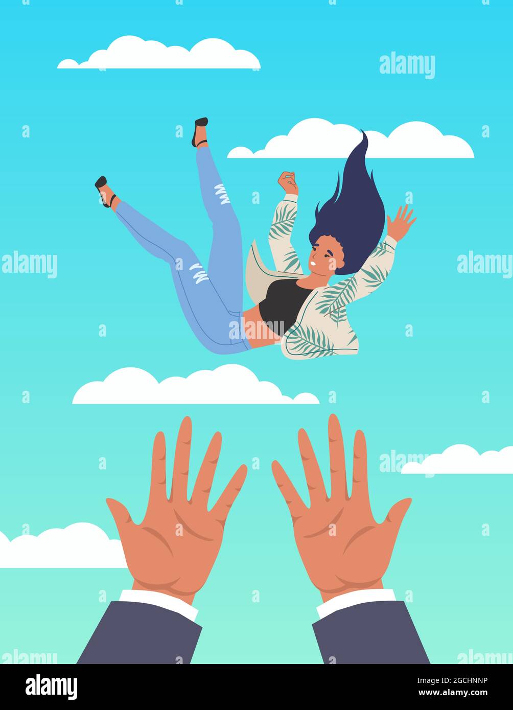 Male hands saving falling woman, flat vector illustration ...