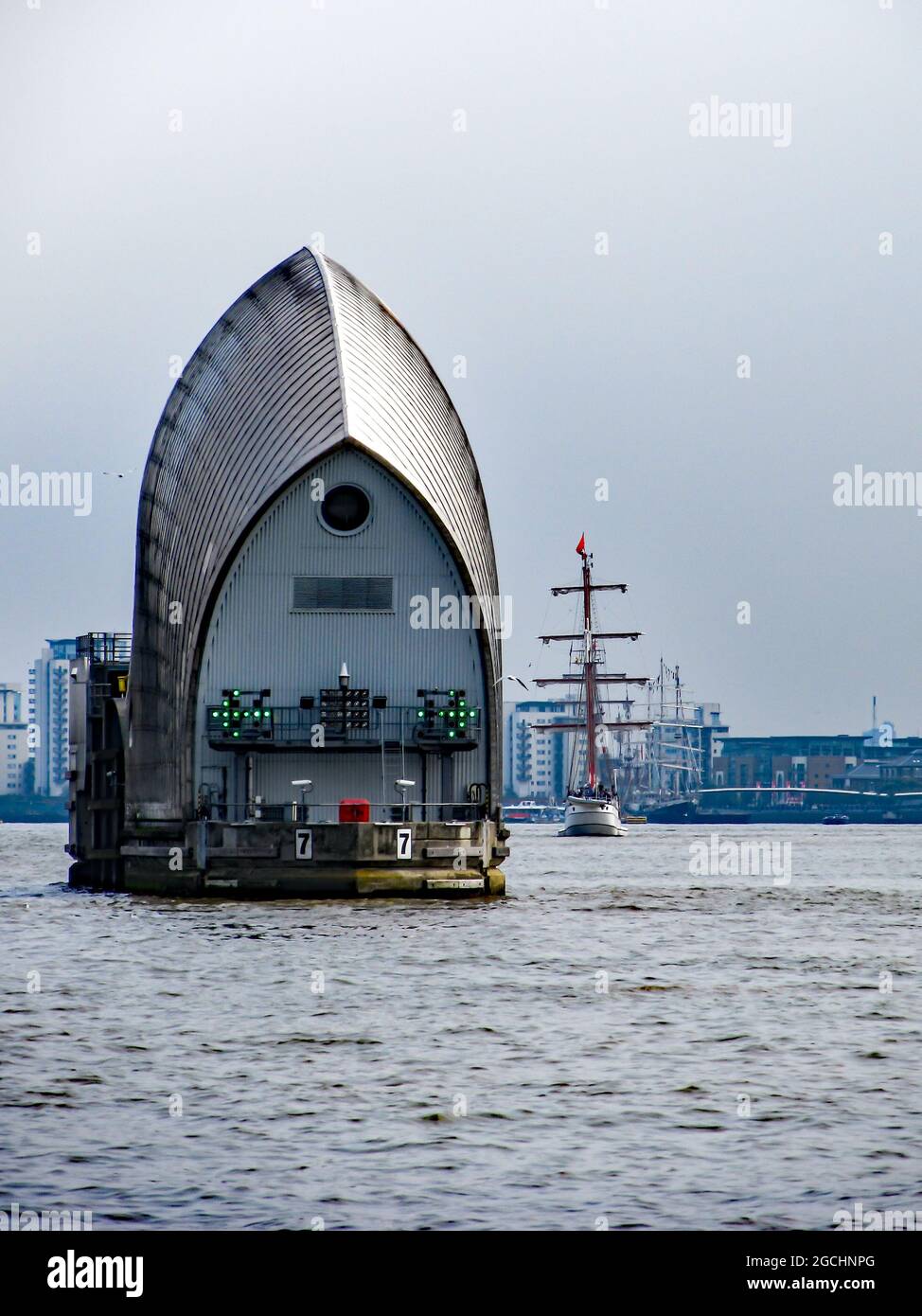 One of the futuristic, silver Steel Clad shells of the Thames barrier ...