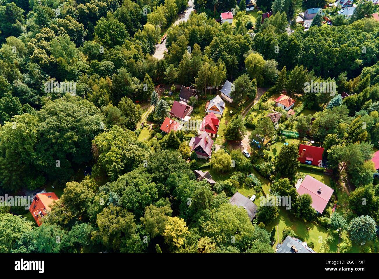 Mountain village with forests, bird eye view. Sleza mountain landscape ...