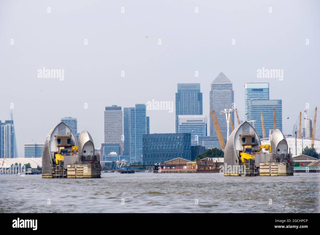 Two of the Futuristic looking steel-clad shells of the Thames barrier ...