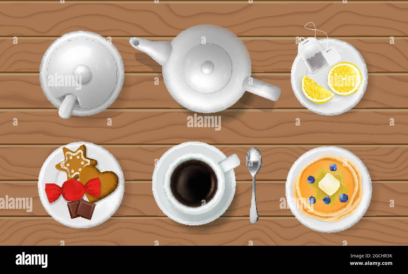 Tea party set on wooden table. Teapot, tea cup, sugar bowl, saucer ...